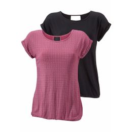 Kurzarmshirt Lascana "mit modischem Cut-Out", Damen, Gr. 32/34, lila (beere, gemustert, schwarz), Single Jersey, Obermaterial: 95% Viskose (LENZING&trade; ECOVERO&trade;), 5% Elasthan, gemustert, unifarben, bequem normal, Rundhals, Shirts, aus weichem Viskose-Stretch