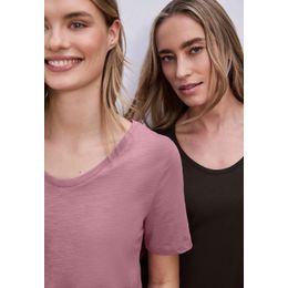T-Shirt Street One, Damen, Gr. 34, espresso braun, clouded blush, Web, 50% Baumwolle, 50% Modal, unifarben, normal normal, V-Ausschnitt, abgesteppt, Shirts T-Shirt, mit abgerundetem V-Ausschnitt