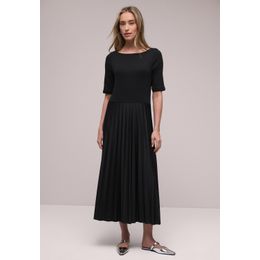 Midikleid Street One, Damen, Gr. 40, EURO-Gr&ouml;&szlig;en, schwarz, Web, Obermaterial: 48% Baumwolle, 47% Modal, 5% Elasthan; Obermaterial 2: 95% Polyester, 5% Elasthan, unifarben, normal Midi, U-Boot-Ausschnitt, abgesteppt, Kleider Midikleid, mit plissiertem Rockteil