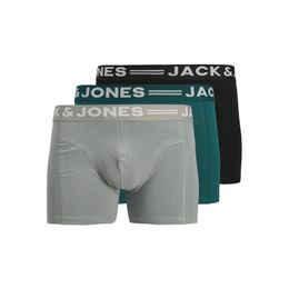 Jack & Jones Boxer JACK & JONES "Sense Trunks", Herren, Gr. S, 3 Stk., mineral blau pack:blau mirage, schwarz, Jersey, Obermaterial: 95% Baumwolle, 5% Elasthan, bedruckt, unifarben mit Farbeinsatz, k&ouml;rpernah, Unterhosen, Baumwollmischung, elastisches B&uuml;ndchen