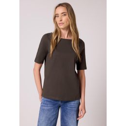 Street One Damen T-Shirtcotton beige, espresso braun, Gr. 42, unifarben, Web, 100% Baumwolle, Shirts, mit U-Boot-Ausschnitt