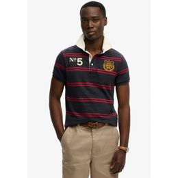 Poloshirt Superdry "DOUBLE EMBLEM JERSEY SS RUGBY", Herren, Gr. M, rot, navy stripe, Single Jersey, Obermaterial: 100% Baumwolle, gestreift, relaxed fit normal, Rundhals, Shirts, im angesagten Rugby Stil