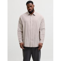 Jack & Jones PlusSize Langarmhemd "JJEBREEZE LINEN BLEND SHIRT L/S SN PLS", Herren, Gr. 3XL, N-Gr, string, Web, Obermaterial: 70% Baumwolle, 30% Leinen, JACK & JONES PLUSSIZE, Hemden, mit auff&auml;lliger Knopfleiste