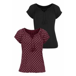 Kurzarmshirt Vivance "mit leicht gerafftem Ausschnitt", Damen, Gr. 36/38, rot (bordeaux, gemustert, schwarz), Obermaterial: 95% Viskose (LENZING&trade; ECOVERO&trade;), 5% Elasthan, gemustert, unifarben, bequem normal, Rundhals, Shirts, aus weichem Viskose-Stretch
