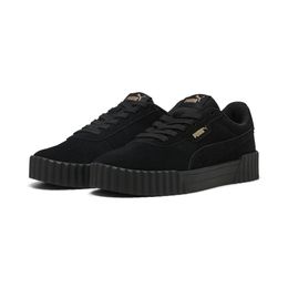 Sneaker Puma "Carina 3.0 Suede Sneakers Damen", Damen, Gr. 36, schwarz gold, Obermaterial: Textil, Kuhleder, Leder. Futter: Textil. Innensohle: Textil. Laufsohle: Gummi, Schuhe Sneaker