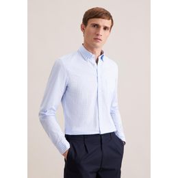 Businesshemd Seidensticker, Herren, Gr. XL (43), normale &Auml;rmell&auml;ngen, blau, 100% Baumwolle, kariert, slim fit, 2-Knopf-Manschette, Hemden, Slim 1/1 Button-Down-Kragen Karo