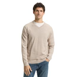 V-Ausschnitt-Pullover Tom Tailor, Herren, Gr. XL, cashew beige melange, Strick, Obermaterial: 100% Baumwolle, meliert, regular fit normal, V-Ausschnitt, Rippb&uuml;ndchen, Pullover, mit kleiner Logo-Stickerei