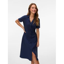 V&eacute;ro Moda Blusenkleid VERO MODA "VMJOSIE S/S CALF SHIRT DRESS WVN GA", Damen, Gr. XS, N-Gr, navy blazer, Web, Obermaterial: 83% Viskose, 17% Nylon, unifarben, regular fit knieumspielend, V-Ausschnitt, Kleider Blusenkleid, Viskosemischung, regular fit