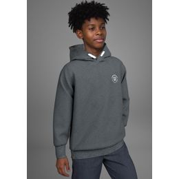 H.I.S. Kapuzensweatshirt H.I.S "Kapuzenhoodie mit Badge in melierter Ware f&uuml;r Jungen", Jungen, Gr. 140/146, grau (anthrazit meliert), Sweatware, Obermaterial: 60% Baumwolle, 40% Polyester, bedruckt, Basic h&uuml;ftbedeckend, Rippb&uuml;ndchen, Sweatshirts, F&uuml;r TEENS. Hoodie mit kleinem Badge