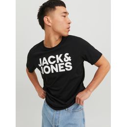 Jack & Jones Rundhalsshirt JACK & JONES "JJECORP mit Logo-Print und klassischem Rundhals", Herren, Gr. XL, schwarz, Single Jersey, Obermaterial: 100% Baumwolle, bedruckt, regular fit normal, Rundhals, Shirts Rundhalsshirt, Baumwolle, regular fit