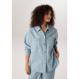 Jeansbluse ANISTON PLUS, Damen, Gr. 46, bleached, Web, Obermaterial: 100% Baumwolle, unifarben, oversize Po-bedeckend, mit Druckknopf, Blusen Jeansbluse, gro&szlig;z&uuml;gig geschnitten - NEUE KOLLEKTION