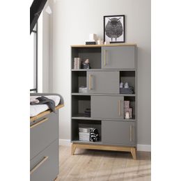 Standregal Paidi, B:95cm H:161cm T:40cm, grau, Holzwerkstoff, Massivholz, Wohnzimmer, Regale, "STIENE in Beige oder Grau, 8 F&auml;cher, 4 Schiebet&uuml;ren