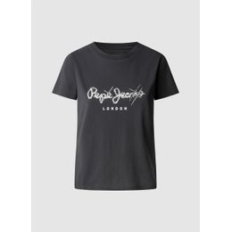Pepe Jeans Damen T-Shirt "LETICIA", schwarz, Gr. XS, bedruckt, Single Jersey, Obermaterial: 100% Baumwolle, Shirts, mit Strass-Steinen