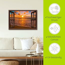 Wandbild Artland, B:100cm H:70cm, braun, Leinwand, Wohnzimmer, Bilder, "Fensterblick Sonnenuntergang am Strand", als Leinwandbild, Poster in