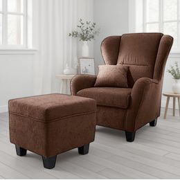 Ohrensessel Home Affaire, B:93cm H:102cm T:90cm, braun, Bezug aus 100% Polyester, Sessel, "Oliver", Ohrensess,mit Hocker,Zierkissen,Klassische Form