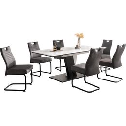 Essgruppe OTTO HOMEwei&szlig;, anthrazit, anthrazit, schwarz, Sitzm&ouml;bel-Sets, ""Altona", Esstisch ausziehbar plus 6 St&uuml;hle", S&auml;ulentisch 140-180x90 cm,