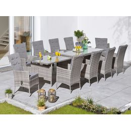 Garten-Essgruppe Konifera, grau, Polyrattan, Sitzm&ouml;bel-Sets, "Belluno", 2 der 10 Sessel stufenlos verstellbar, Tischplatte aus Sicherheitsglas