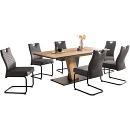 Essgruppe OTTO HOMEeiche, anthrazit, anthrazit, schwarz, Sitzm&ouml;bel-Sets, ""Altona", Esstisch ausziehbar plus 6 St&uuml;hle", S&auml;ulentisch 140-180x90 cm,
