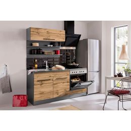K&uuml;chenzeile KOCHSTATION, B:160cm T:60cm, braun, Komplettk&uuml;chen-Sets, "KS-Tulsa", Breite 160 cm, schwarze Metallgriffe, hochwertige MDF Fronten
