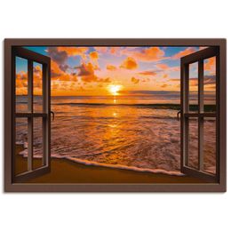 Wandbild Artland, B:130cm H:90cm, braun, Leinwand, Wohnzimmer, Bilder, "Fensterblick Sonnenuntergang am Strand", als Leinwandbild, Poster in