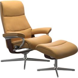 Relaxsessel stressless, B:91cm H:110cm T:85cm, gelb, Wohnzimmer, Sessel, "View", mit Hocker, mit Cross Base, Gr&ouml;&szlig;e S, M & L, Holzakzent Braun