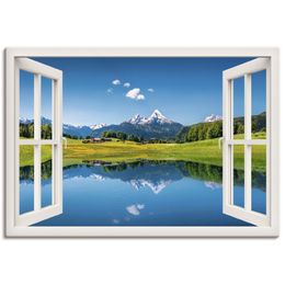 Wandbild Artland, B:70cm H:50cm, blau, Leinwand, Wohnzimmer, Bilder, "Fensterblick Alpen und Bergsee", als Leinwandbild, Poster in verschied. Gr&ouml;&szlig;en