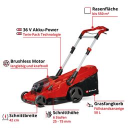 Akkurasenm&auml;her Einhell, grau, Rasenm&auml;her, "RASARRO 36/42 (2x4.0Ah)", 2 x 4.0Ah