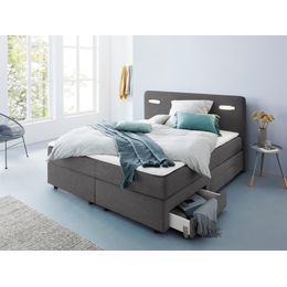 Boxbett Home Affaire, B:187cm L:211cm, grau, Polyester, Komplettbetten, "Luan", Schubk&auml;sten, LED-Beleuchtung und Topper, in Breite 120 cm und 180 cm