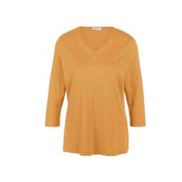 GOLDNER Damen 3/4-Arm-Shirt "T-Shirt mit charmantem Ausschnitt und Schmucksteinchen", orange, Gr. 44, Obermaterial: 95% Baumwolle CO. 5% Elasthan