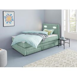 Boxbett Home Affaire, B:127cm L:211cm, blau, Polyester, Komplettbetten, "Luan", Schubk&auml;sten, LED-Beleuchtung und Topper, in Breite 120 cm und 180 cm