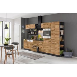 K&uuml;chenzeile KOCHSTATION, B:300cm T:60cm, braun, Komplettk&uuml;chen-Sets, "KS-Tulsa", ohne E-Ger&auml;te, Breite 300 cm, schwarze Metallgriffe, MDF Fronten