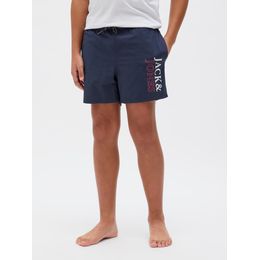 Jack & Jones Kinder Badeshorts "JPSTMAUI mit Logoprint und praktischen Taschen", blau, Gr. 128, JACK & JONES JUNIOR, bedruckt, Web, Polyester, Badehosen,