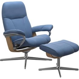 Relaxsessel stressless, B:82cm H:102cm T:72cm, blau, Wohnzimmer, Sessel, "Consul", mit Hocker, mit Cross Base, Gr&ouml;&szlig;e S, M & L, Holzakzent Eiche