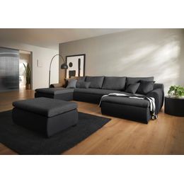 Wohnlandschaft Home Affaire, B:366cm H:85cm T:176cm, schwarz-wei&szlig;, 100% Polyester, Sofas, "Win U-Form, B: 366 cm - OTTO. Verl&auml;ssliche Qualit&auml;t.", mit