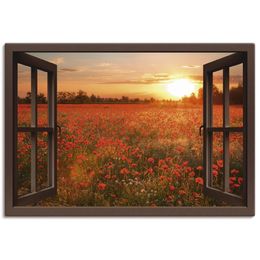 Leinwandbild Artland, B:100cm H:70cm, braun, Leinwand, Wohnzimmer, Bilder, "Fensterblick Mohnblumenfeld - braun", auf Holzrahmen gespannt