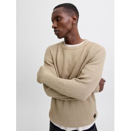 Jack & Jones JACK & JONES Herren Rundhalspullover "JJPANNEL KNIT CREW NECK AW25"crockery, Gr. S, unifarben, Strick, Obermaterial: 58% Polyacryl, 42% Baumwolle,