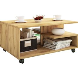 Beistelltisch Vcm, B:80cm T:50cm, braun, Wohnzimmer, Tische, "Holz Sofatisch Couchtisch Rollen rollbar Stango L"