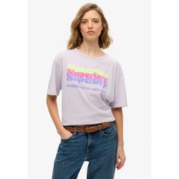 Superdry Damen Rundhalsshirt "SU-NEON RAINBOW OVERSIZED TEE", lila, Gr. M, bedruckt, Single Jersey, Obermaterial: 100% Baumwolle, Shirts