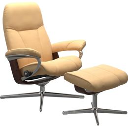 Relaxsessel stressless, B:82cm H:102cm T:72cm, gelb, Wohnzimmer, Sessel, "Consul", mit Hocker, mit Cross Base, Gr&ouml;&szlig;e S, M & L, Holzakzent Braun