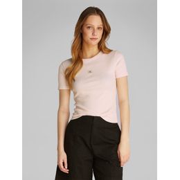 Damen T-Shirt "WOVEN LABEL RIB FITTED TEE", silber, Gr. L, Calvin Klein Jeans, unifarben, Rippware, Obermaterial: 94% Baumwolle, 6% Elasthan, Shirts,
