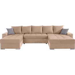 Wohnlandschaft Collection AB "Josy XXL U-Form, B: 333 cm, mit 2 Recamieren 77 & 97 cm", hellbraun, B:333cm H:84cm T:161cm, 100% Polyester, Sofas, Wohnlandschaft, mit Bettfunktion, Bettkasten & 2 Zierkissen, Federkern, Topseller