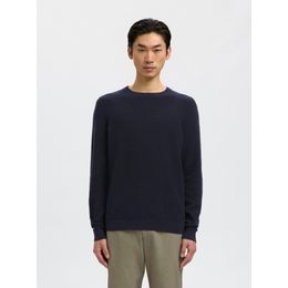 Selected Herren Rundhalspullover "SLHROSS LS KNIT STRUCTURE CREW NECK NOOS", blau, Gr. M, unifarben, Strick, Obermaterial: 100% Baumwolle, Pullover,
