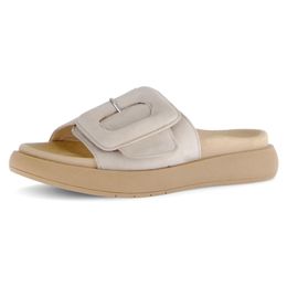 Gabor Damen Pantolette, Gr. 44, beige, Ziegenveloursleder, unifarben, Schuhe, Plateau, Sommerschuh, Schlappen mit gro&szlig;er Zierschnalle