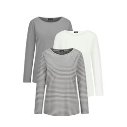 GOLDNER Damen Kurzarmshirt "Kurzgr&ouml;&szlig;e Langarm 3er-Baumwollshirt-Set", grau, Modisch, Gr. 20, Obermaterial: 95% Baumwolle CO. 5% Elasthan EL., Shirts,