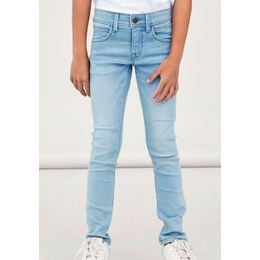 name it Jungen Slim-fit-Jeans "NKMSILAS XSLIM JEANS 2002-TX NOOS", blau, Gr. 92, Abriebeffekte, unifarben, Denim/Jeans, Obermaterial: 71% Baumwolle,
