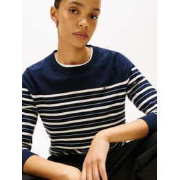 Tommy Hilfiger Damen Rundhalspullover "CO JERSEY STITCH LS C-NK SWT"schwarz night navy, calico multi stp, Gr. S, gestreift, Strick, Obermaterial: 67%