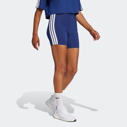 Damen Trainingstights "ESSENTIALS 3-STREIFEN HIGH WAISTED KURZE LEGGINGS", blau, Gr. XS, adidas Sportswear, Obermaterial: 90% Baumwolle, 10%