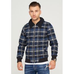 2Y Premium Herren Outdoorjacke "LIJAN", blau, Gr. XL, kariert, 50% Baumwolle, 45% Polyester, 5% Elasthan, Jacken, mit Teddyfell-Kragen