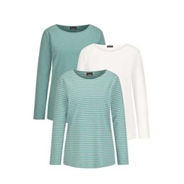 GOLDNER Damen Kurzarmshirt "Kurzgr&ouml;&szlig;e Langarm 3er-Baumwollshirt-Set", gr&uuml;n, Modisch, Gr. 21, Obermaterial: 95% Baumwolle CO. 5% Elasthan EL., Shirts,