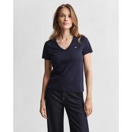 Gant Damen T-Shirt "REG SHIELD KA V-NECK T-SHIRT", blau, Basic, Gr. L, unifarben, Jersey, Obermaterial: 100% Baumwolle, Shirts, mit einer kleinen